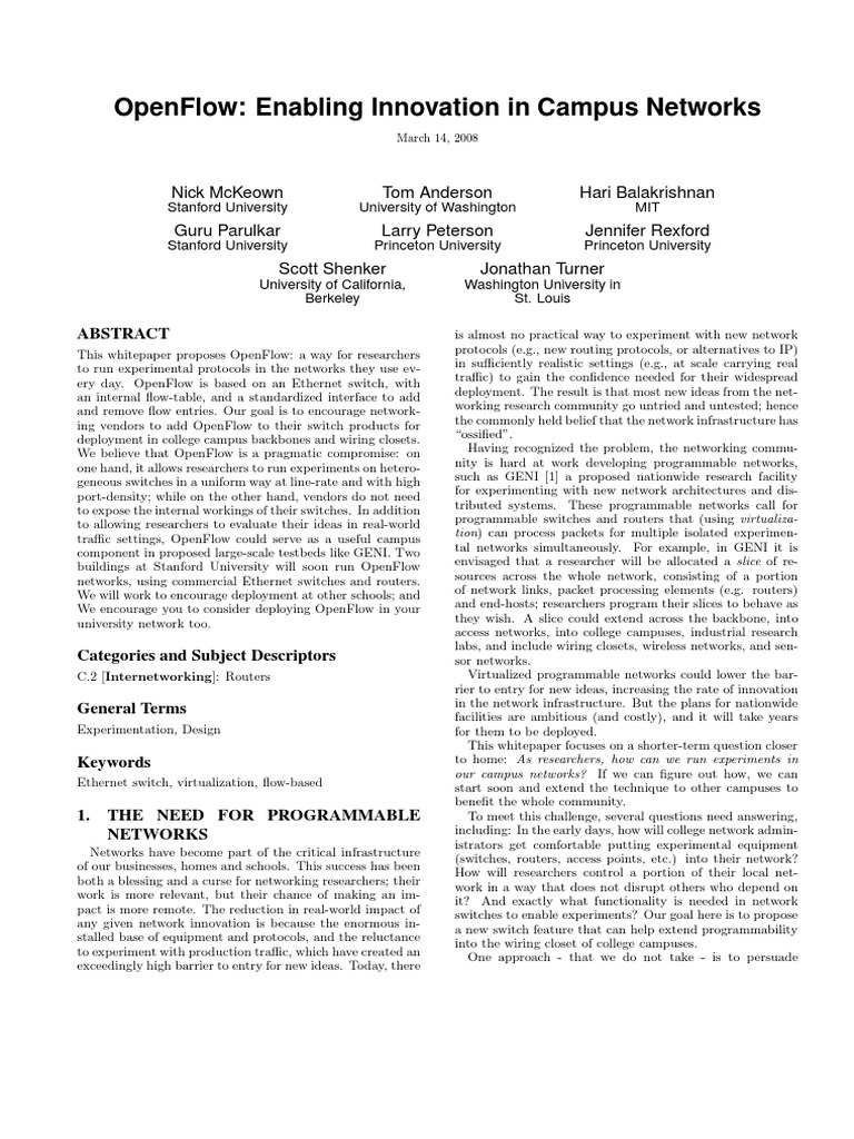 OpenFlow: Enabling Innovation in Campus Networks | PDF