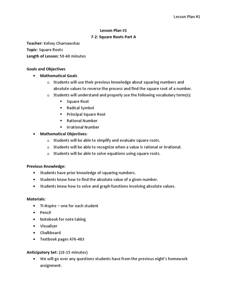 Lesson 1 | PDF | Square Root | Lesson Plan