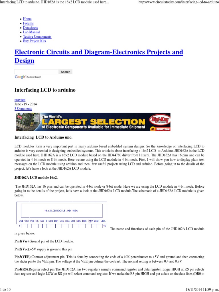 Interfacing LCD To Arduino. JHD162A | PDF | Electronic Circuits | Arduino