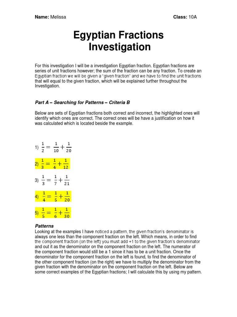 Egyptian Fractions Investigation | Fraction (Mathematics) | Numbers