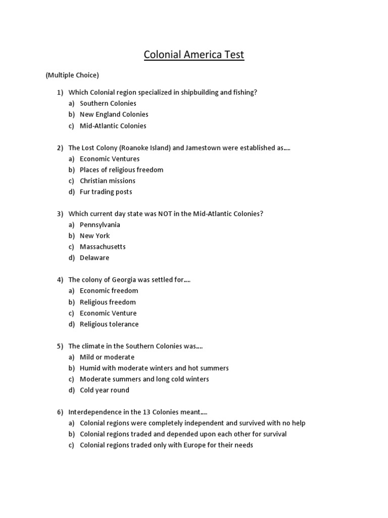 Colonial America Test | PDF | Mid Atlantic States | Colonial History Of ...