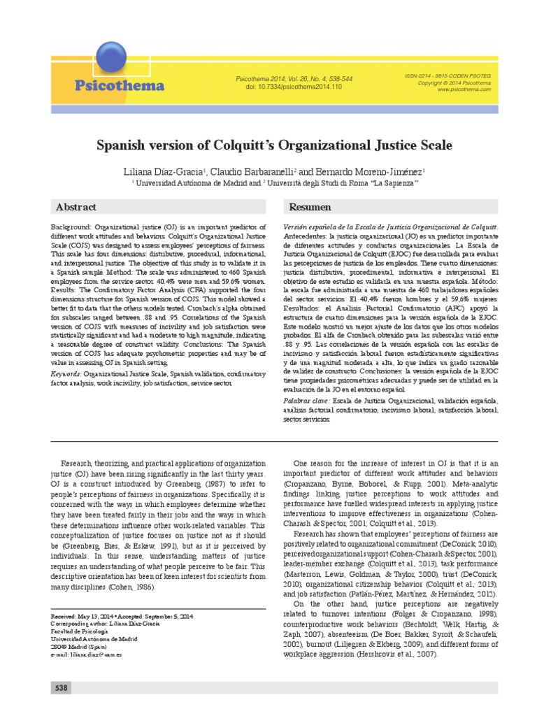 Spanish Version of Colquitt's Organizational Justice Scale | PDF
