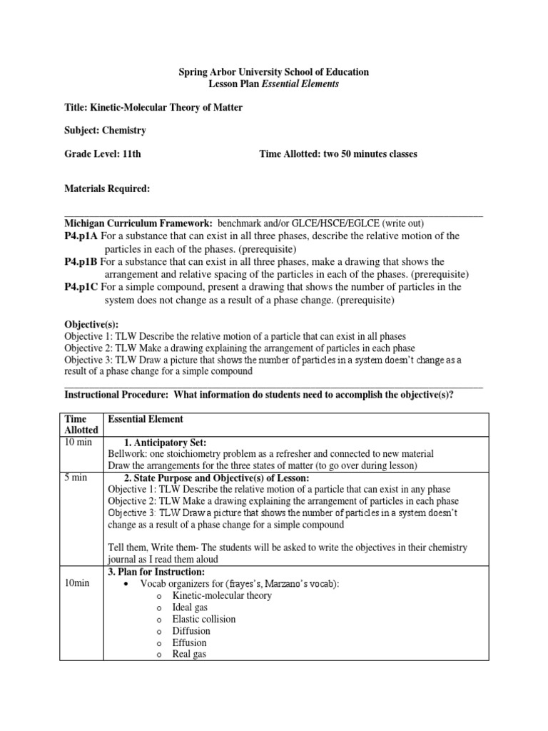 Lesson Plan Kinetic-Molecular Theory | PDF | Gases | Matter
