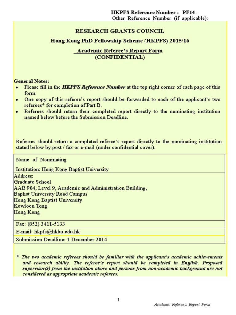 HKPFS Academic Referee Report Form | PDF | Doctor Of Philosophy | Further Education