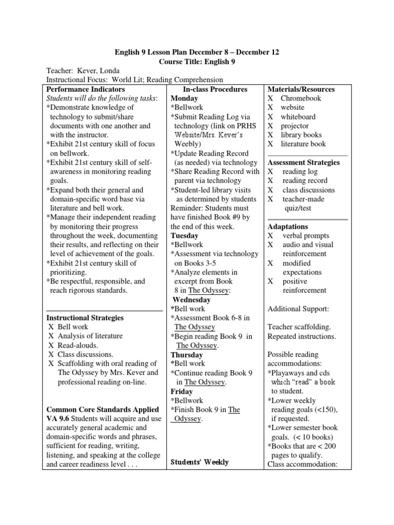 English 9 Lesson Plan: The Odyssey Focus | PDF | Reading (Process ...