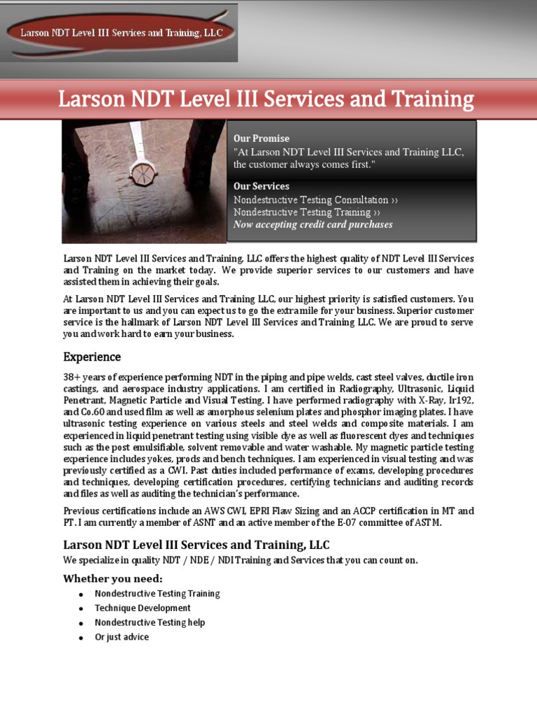 Larson NDT Level III Services and Training | Nondestructive Testing ...
