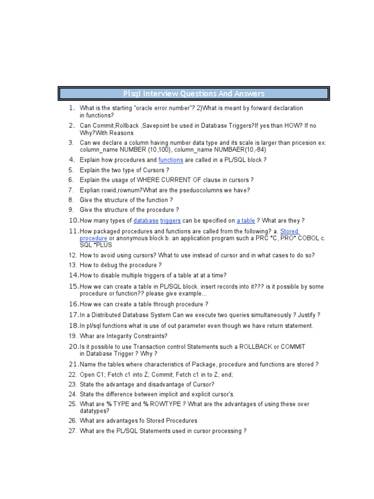 PLSQL Interview Questions and Answers: Functions | PDF | Pl/Sql | Database Index