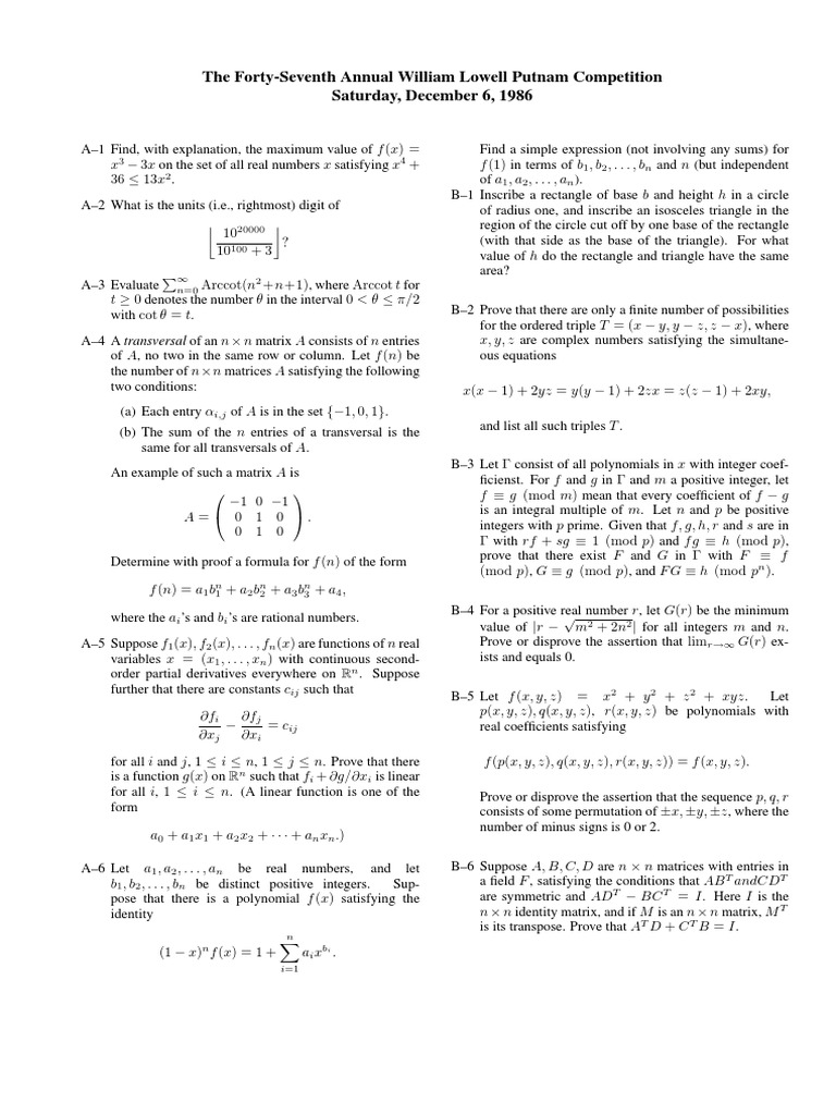 The Forty-Seventh Annual William Lowell Putnam Competition Saturday ...