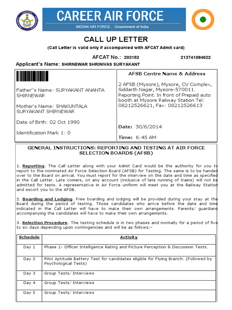 Airforce Call Letter Career Air Force-India (Candidate Section) | PDF | Identity Document | Clothing