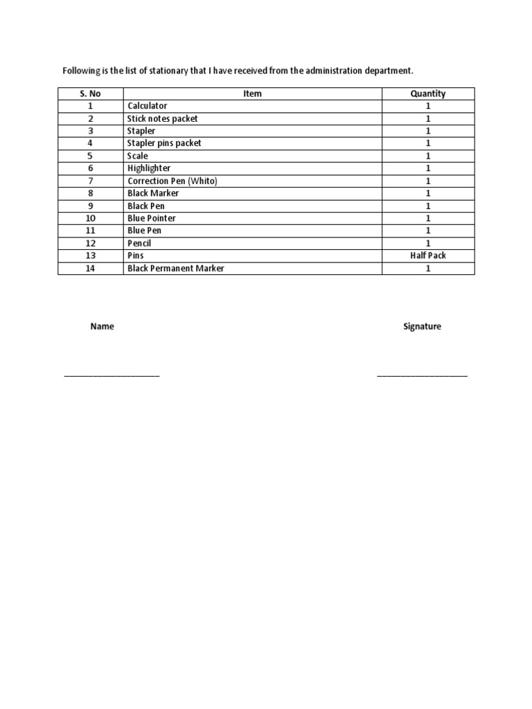 Stationary List | PDF