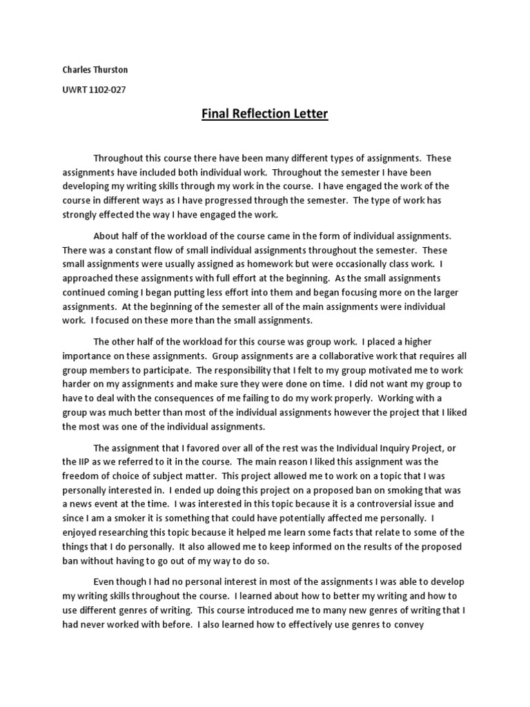 Final Reflection Letter | PDF | Homework | Action (Philosophy)