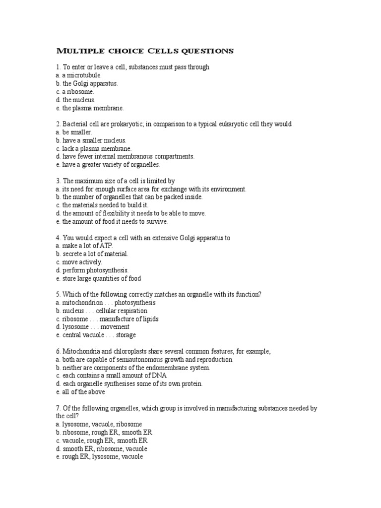 Cell Biology Quiz for Students | PDF | Cell (Biology) | Endoplasmic ...