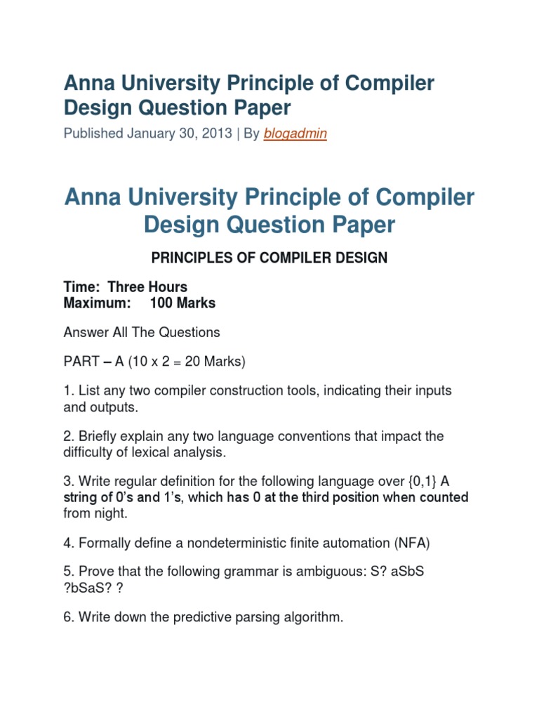 Anna University Principles of Compiler Design Exam: Sample Questions Covering Lexical Analysis ...