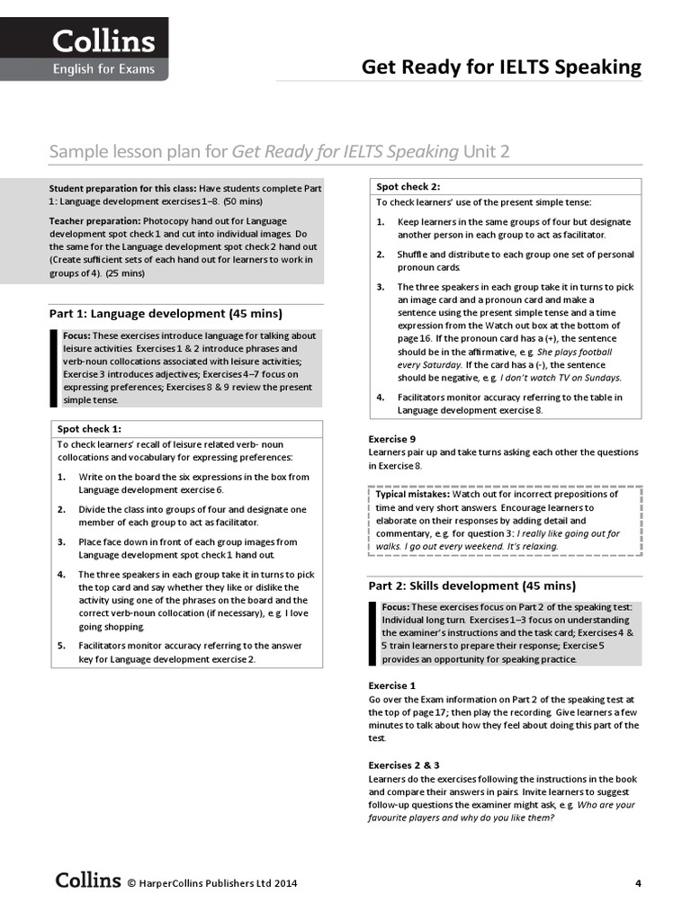 Sample Lesson Plan For Get Ready For IELTS Speaking Unit 2 | PDF ...
