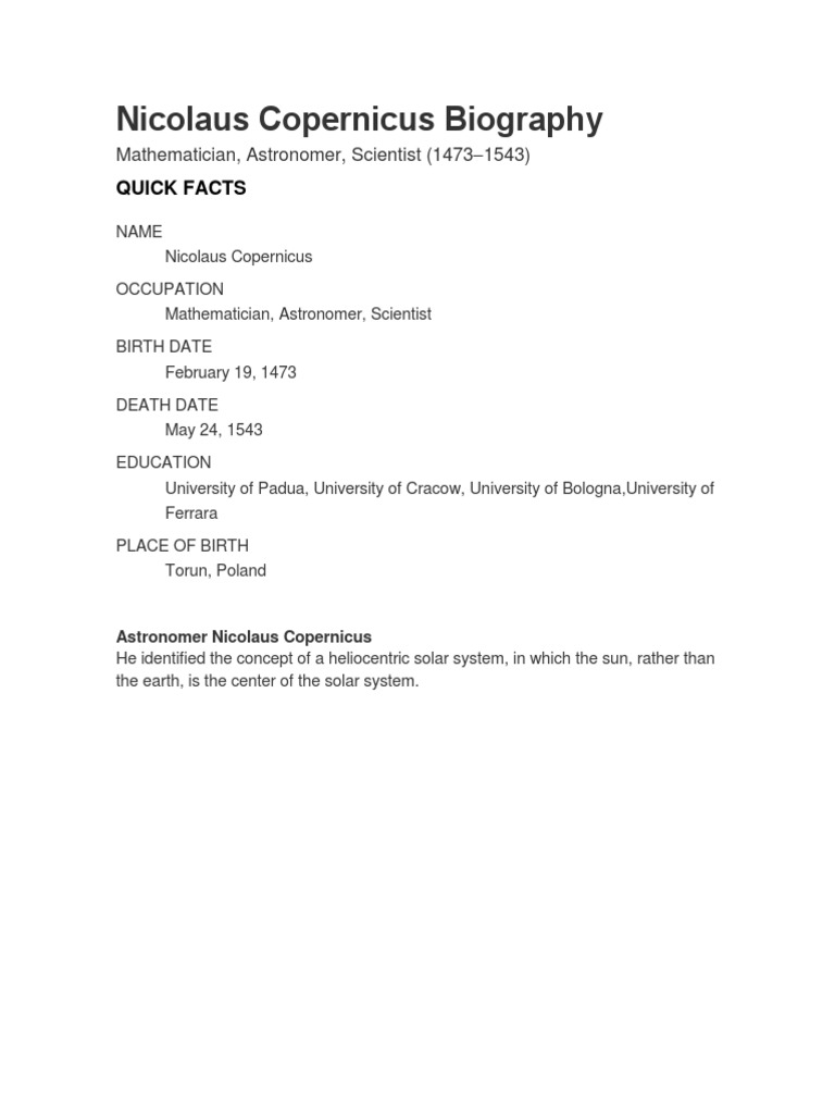 Nicolaus Copernicus Biography: Quick Facts | PDF | Social Science ...