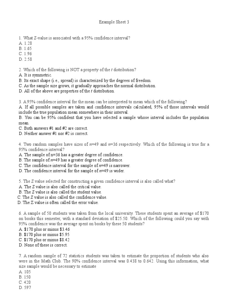 Example Sheet | PDF | Statistical Hypothesis Testing | Confidence Interval