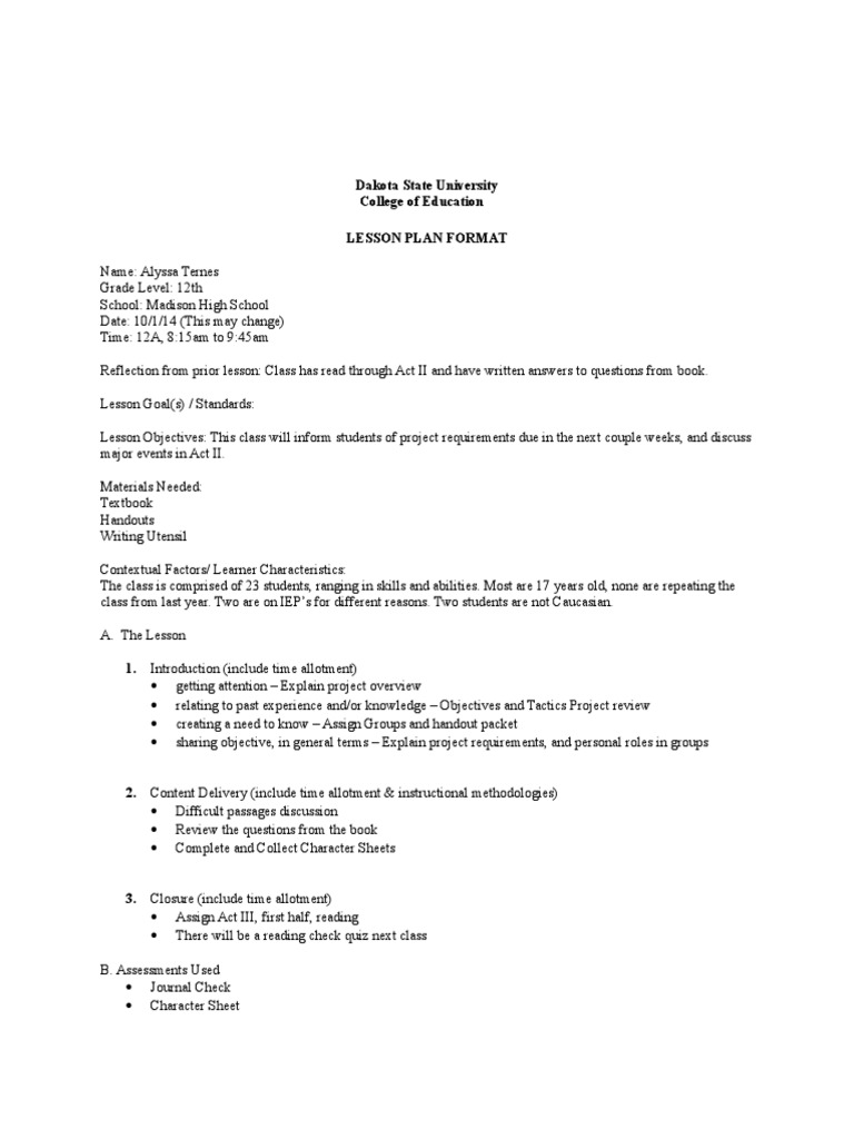 12th Grade Lesson Plan: Act II Overview | PDF | Career & Growth | Wellness