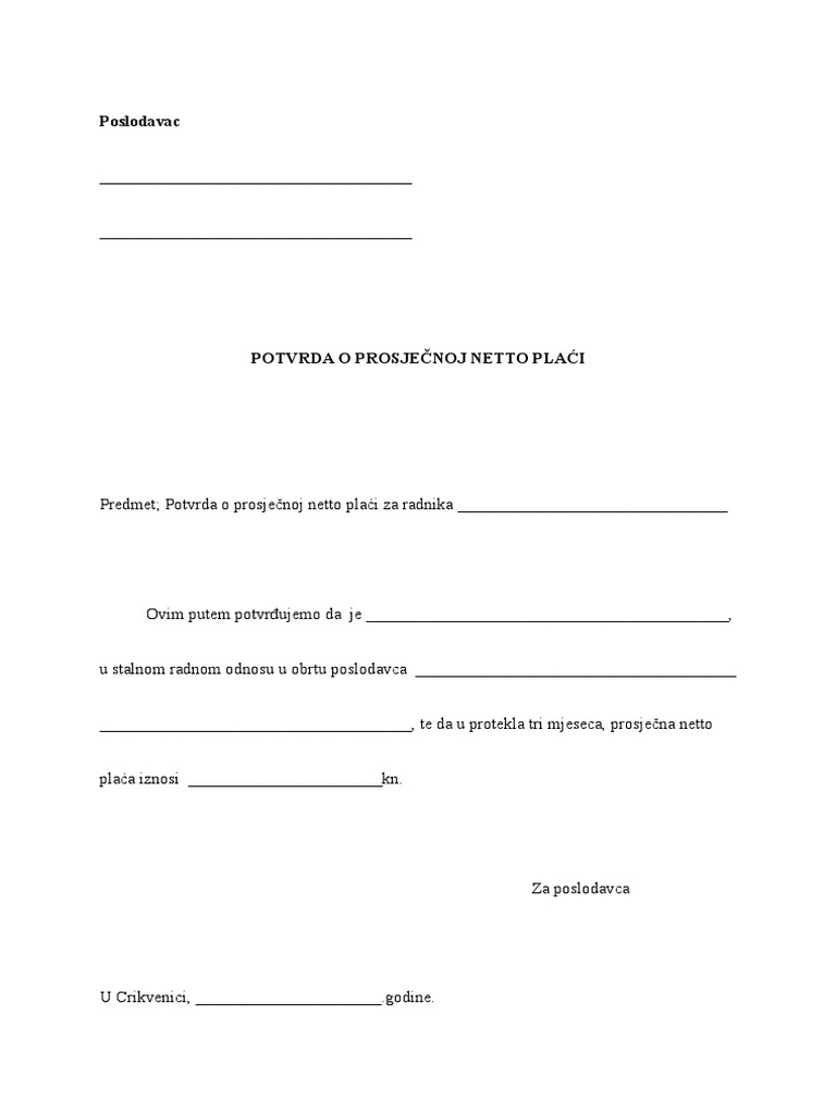 Potvrda o Prosjeku Place | PDF