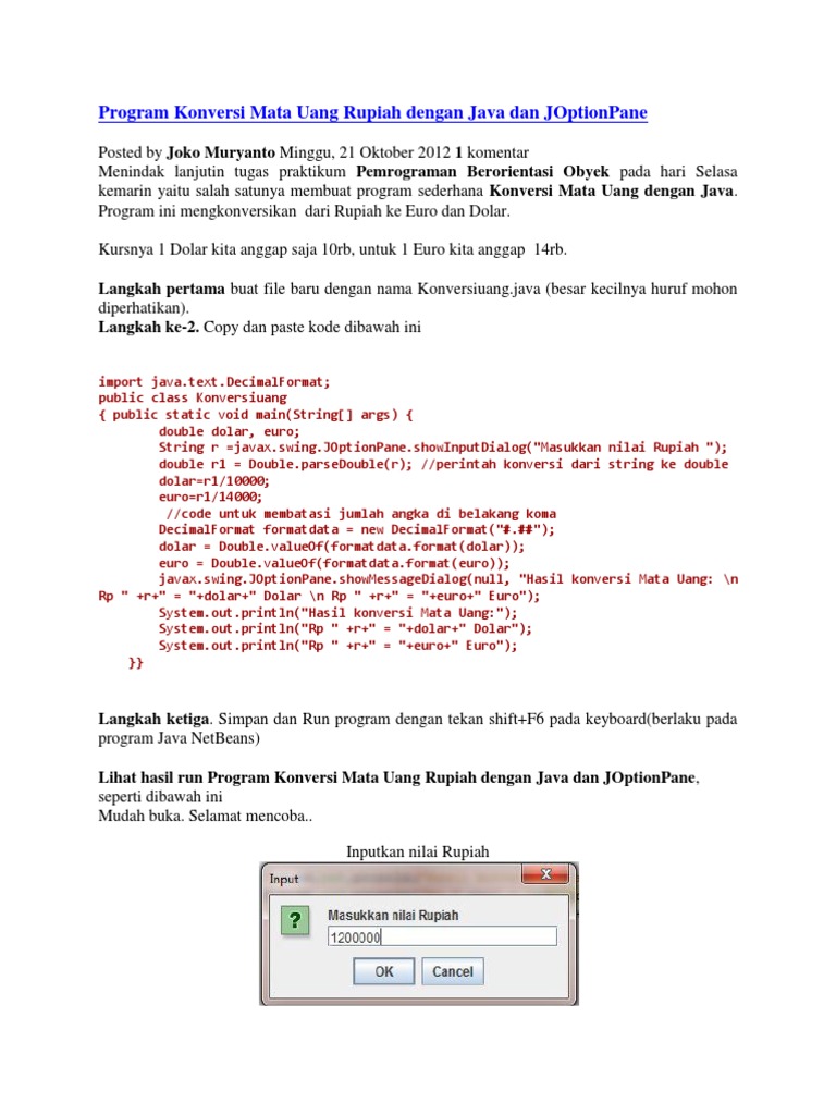 Program Konversi Mata Uang Rupiah Dengan Java Dan JOptionPane | PDF