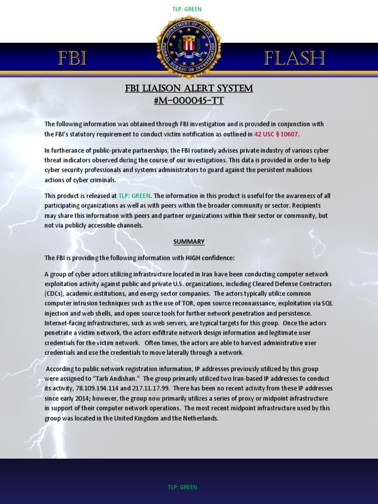 FBI Liaison Alert System (Flash) Message M-000045-Tt TLP Green | PDF ...