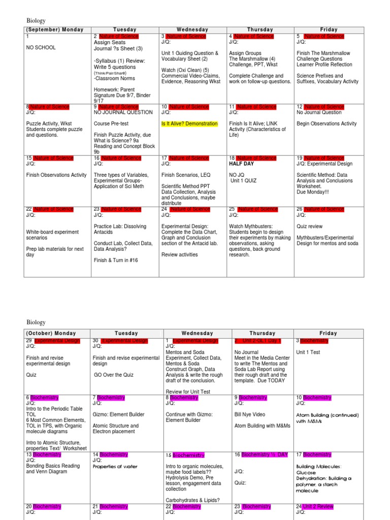 Updated Planning Calendar | PDF | Cell (Biology) | Genetics