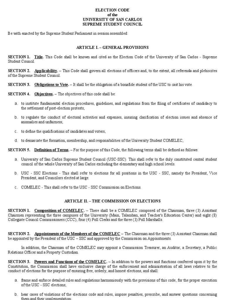 Election Code of The University of San Carlos Supreme Student Council ...