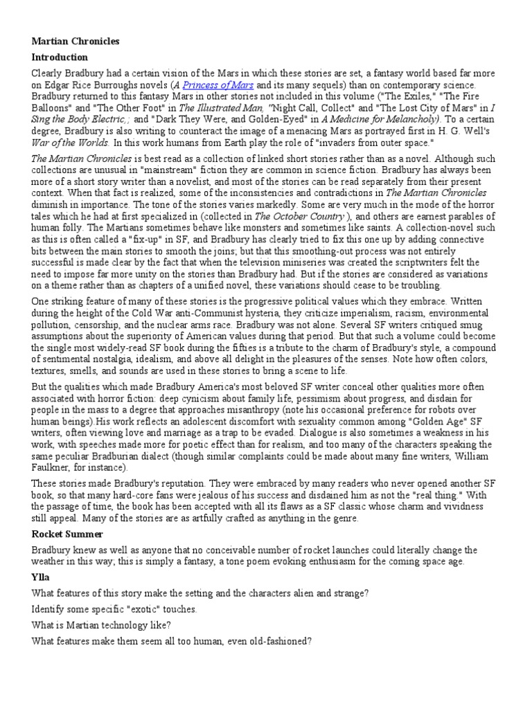 Martian Chronicles Study Guide | PDF | Ray Bradbury | Mars