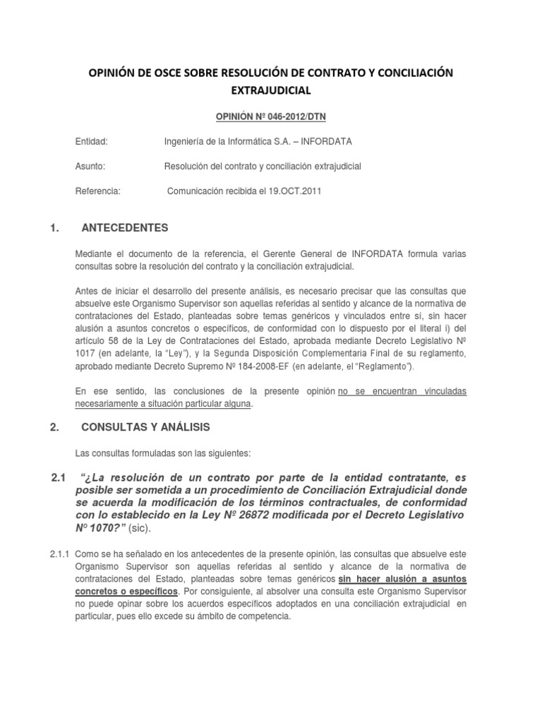 Opinión de Osce Sobre Resolución de Contrato y Conciliación Extrajudicial | PDF | Regulación ...