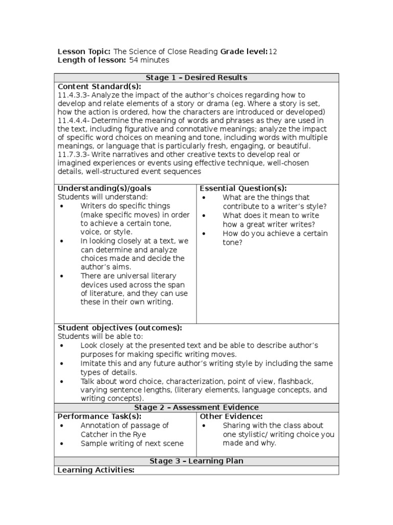 Catcher in The Rye Lesson Plan | PDF | Narrative | Semiotics