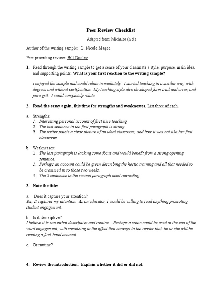 Peer Review of Teaching Experience Essay | PDF | Paragraph | Sentence ...