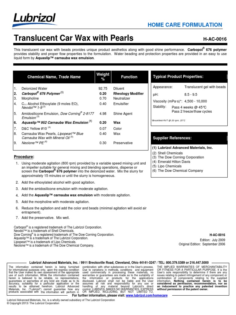 Translucent Car Wax With Pearls | PDF | Emulsion | Wax