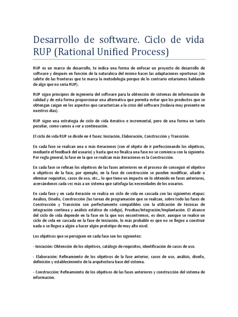 Desarrollo de Software. Ciclo de Vida RUP (Rational Unified Process ...