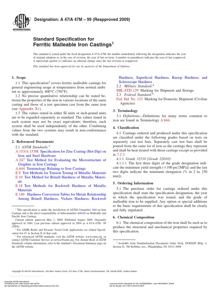ASTM A47-A47M - Spec For Ferritic Malleable Iron Castings PDF | PDF ...