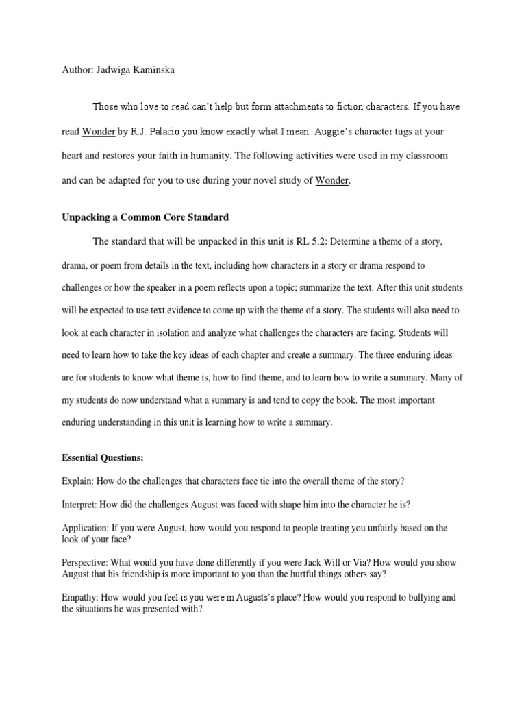 Wonder Unit Plan Novel Study | PDF | Educational Assessment | Multiple ...