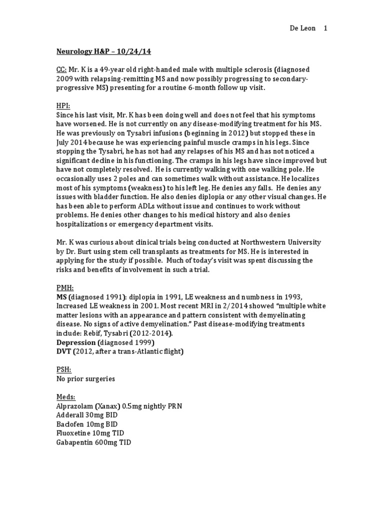 Sample Neuro H&P | Multiple Sclerosis | Health Sciences