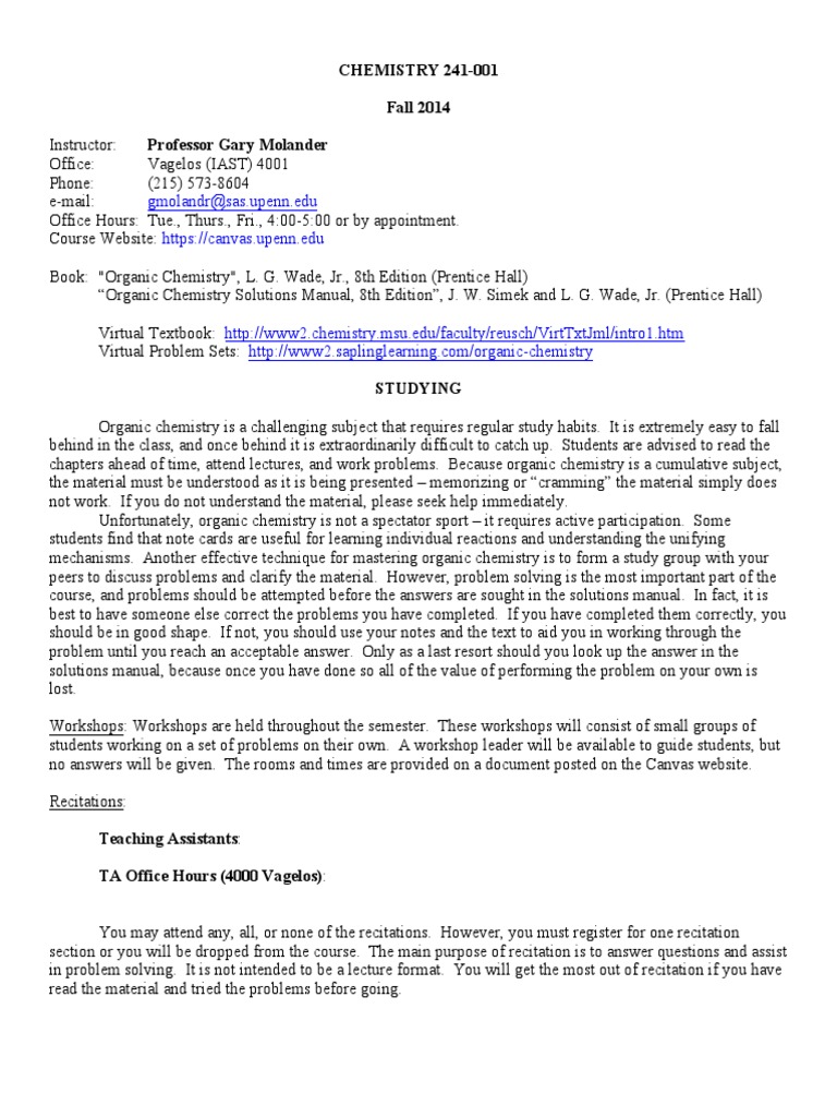 Gary Molander Syllabus 2014 | PDF | Alkene | Test (Assessment)