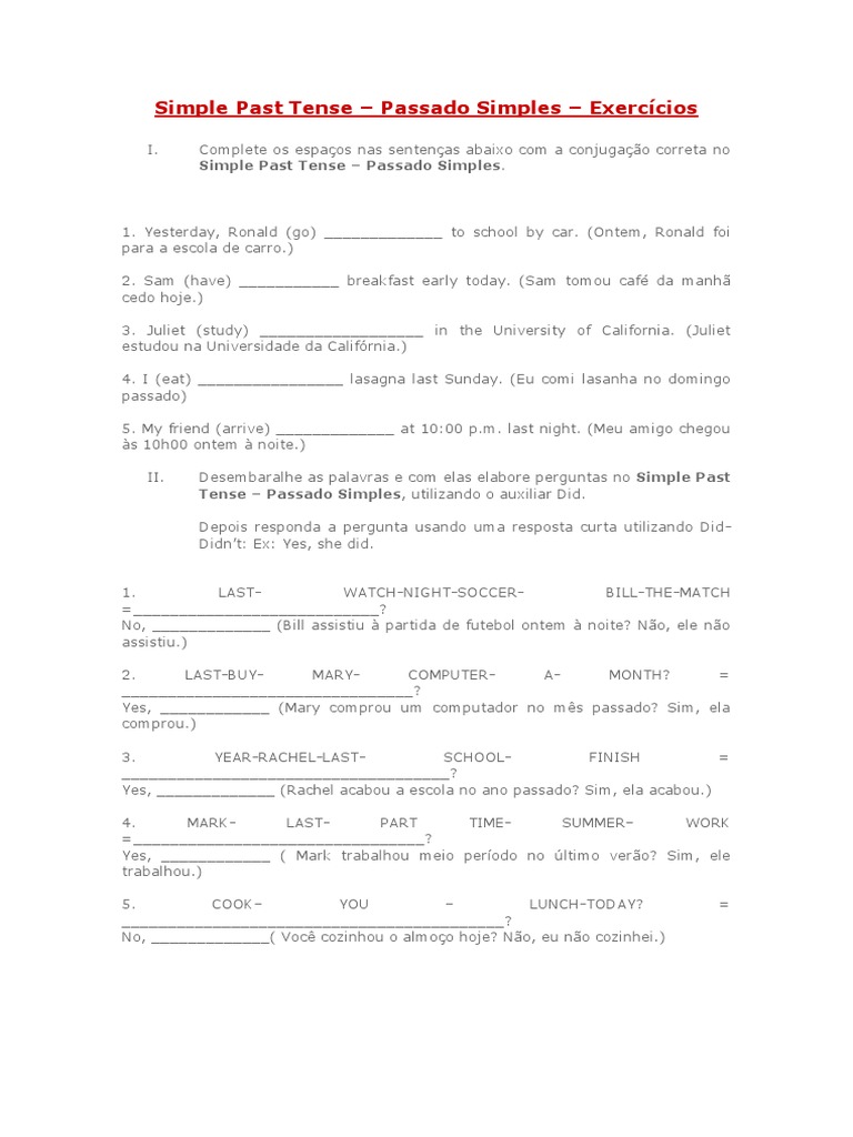 Simple Past Tense Exercises - Exercícios de Passado Simples | PDF