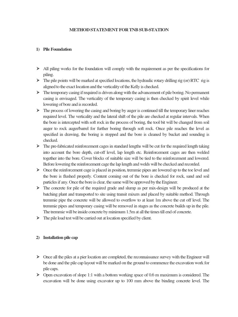 Method Statement TNB Substation | PDF | Deep Foundation | Concrete
