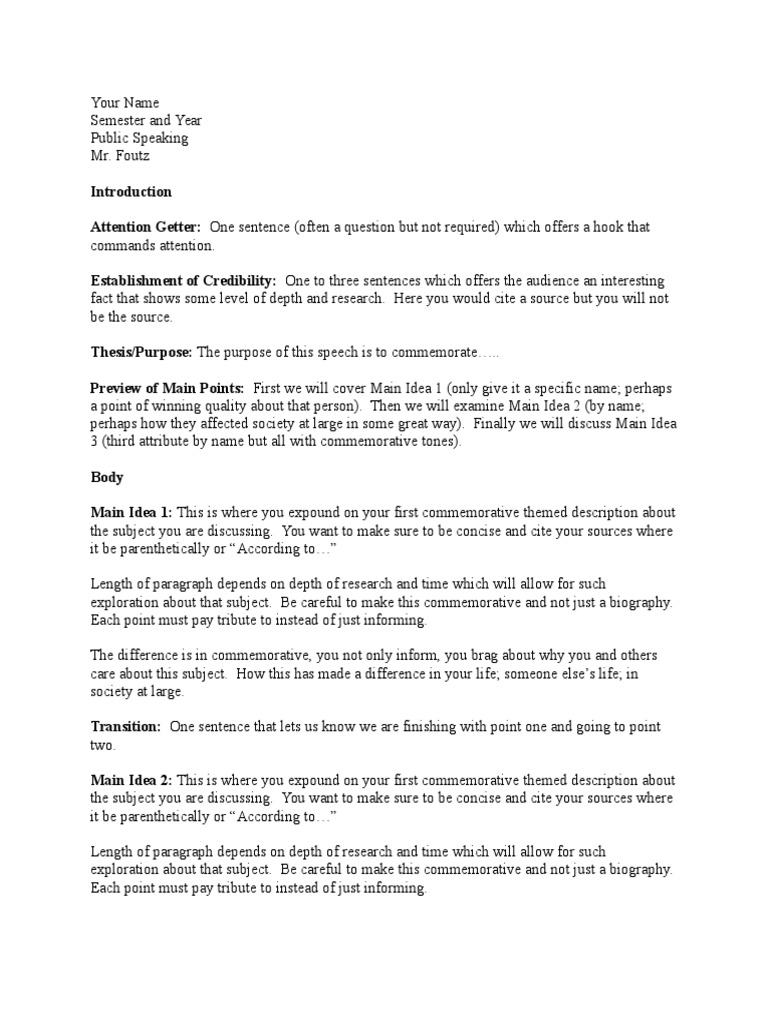 Public Speaking Sppech Outline Template | PDF | Citation | Public Speaking