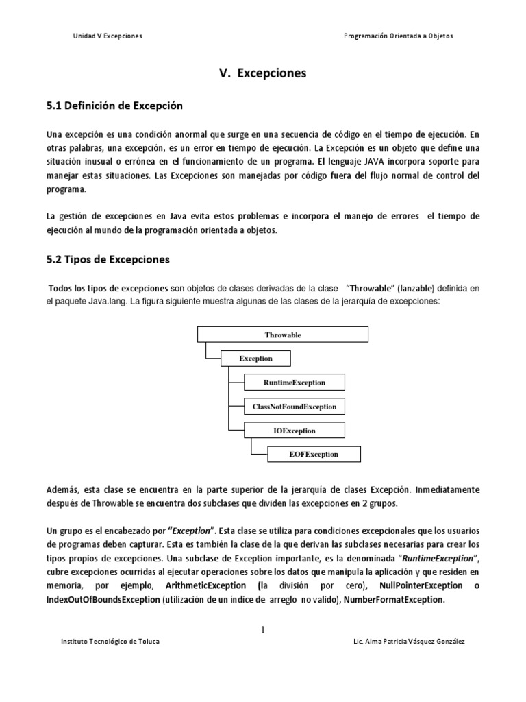 Unidad 5 Poo Excepciones | PDF | Java (lenguaje de programación) | Objeto (informática)