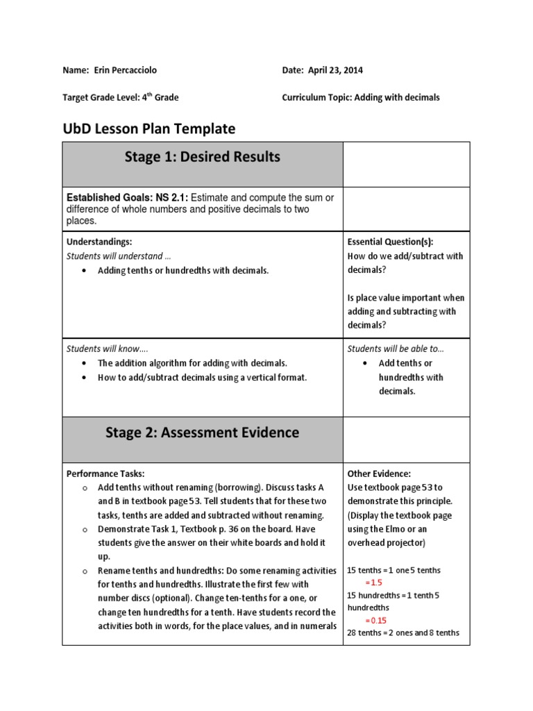4th Grade Lesson Plan On Adding Decimals PDF Lesson Plan