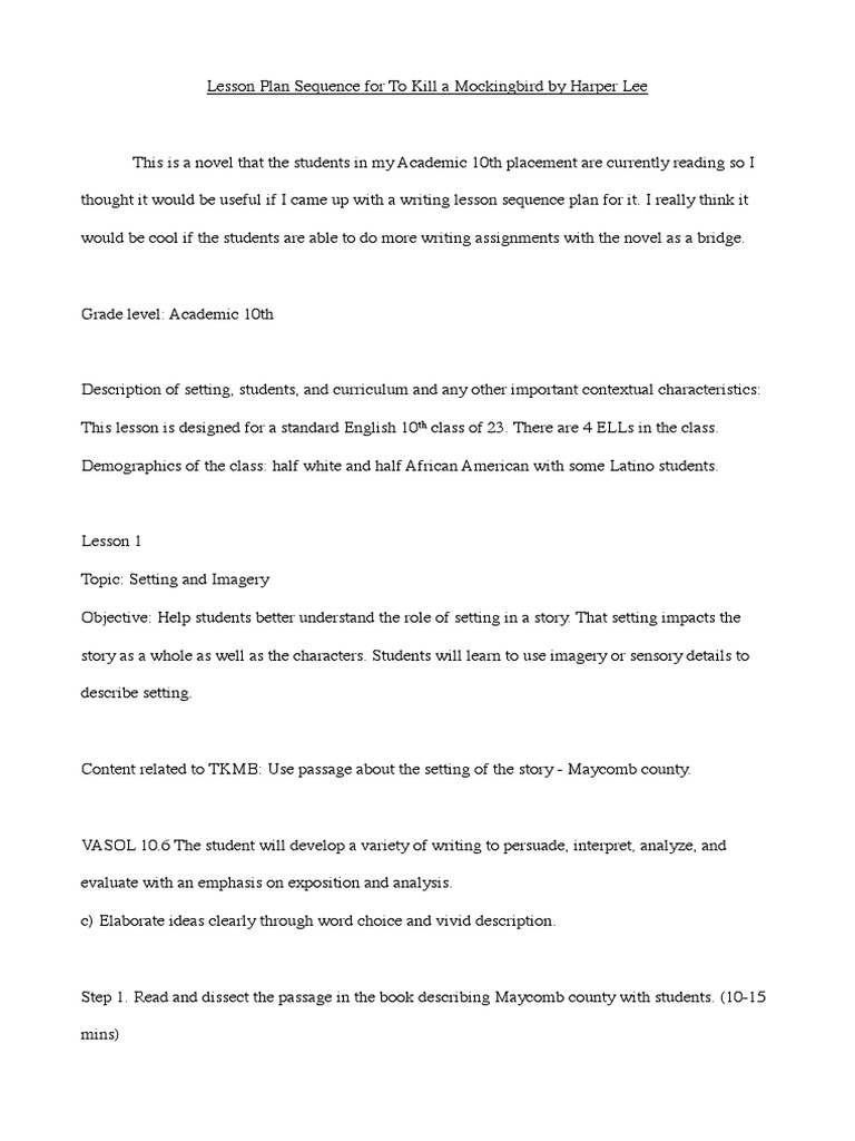 Lesson Plans for To Kill a Mockingbird | PDF | To Kill A Mockingbird ...