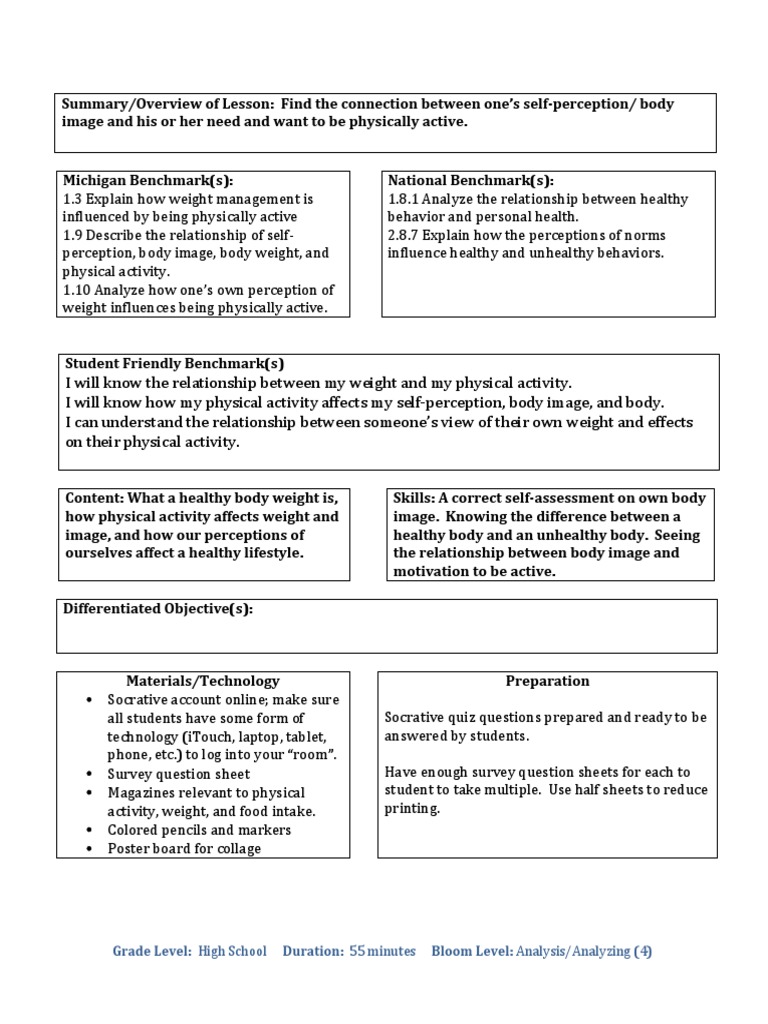 Lesson Plan Weight Management and Physical Activity | PDF | Motivation ...