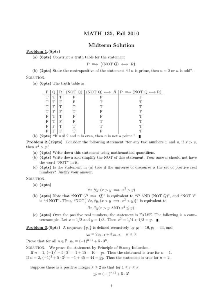 MATH 135 1109 Midterm1 Solutions | Number Theory | Physics & Mathematics