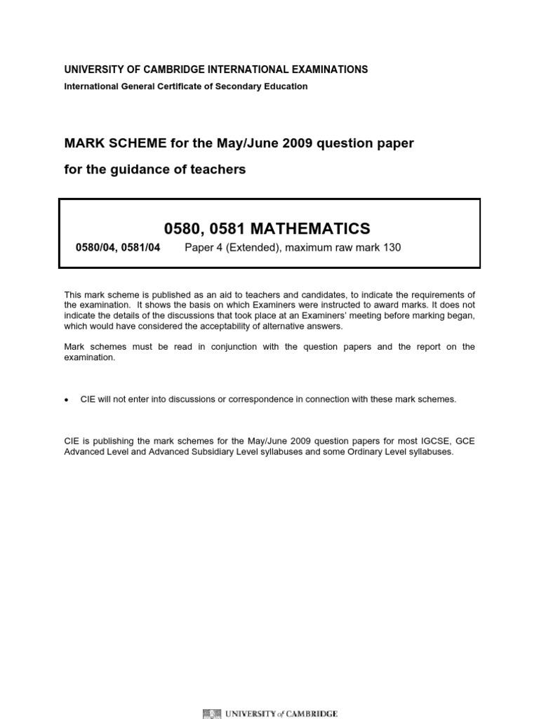 Igcse Math Summer 2009 Paper 4 Mark Scheme | PDF | Mathematical Objects ...