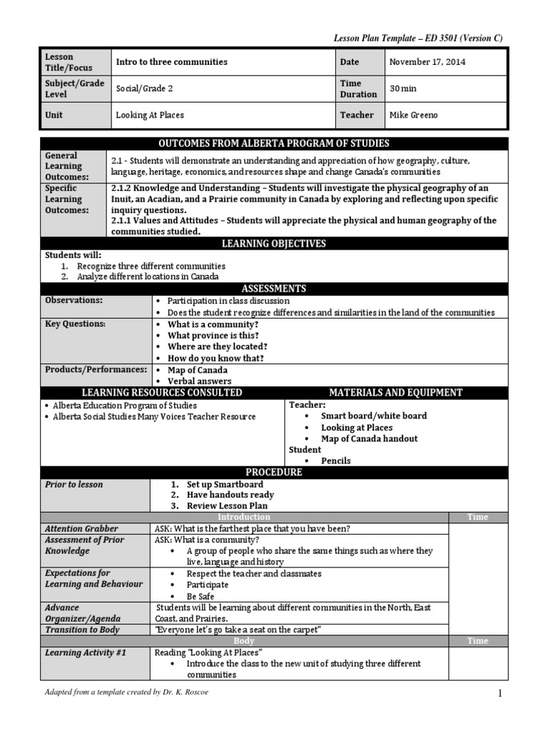 Outcomes From Alberta Program of Studies: Lesson Plan Template - ED ...