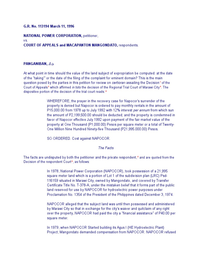 NPC Vs CA | PDF | Eminent Domain | Just Compensation