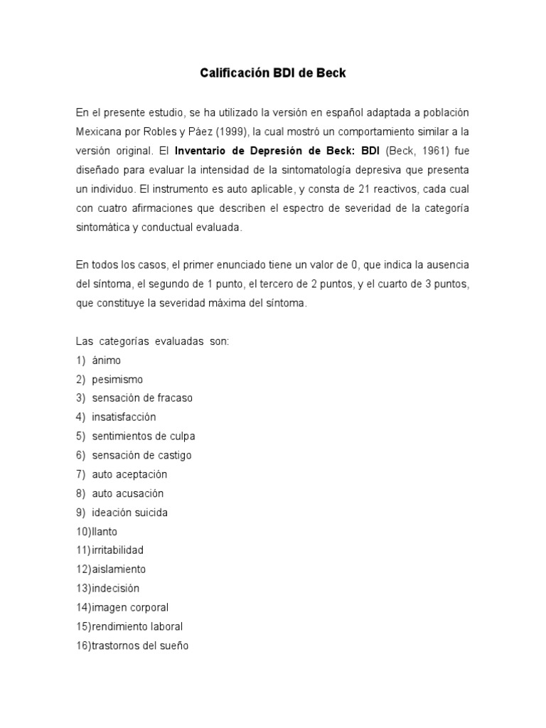 Calificación BDI de Beck | PDF | Depresión (estado de ánimo ...