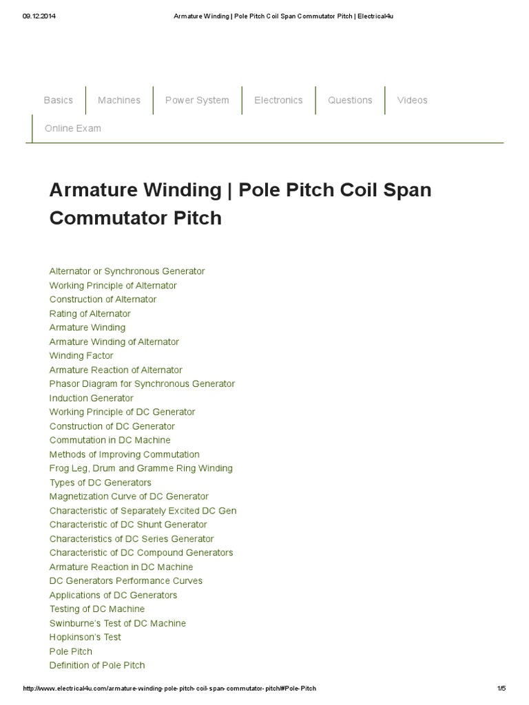 Armature Winding - Pole Pitch Coil Span Commutator Pitch - Electrical4u ...