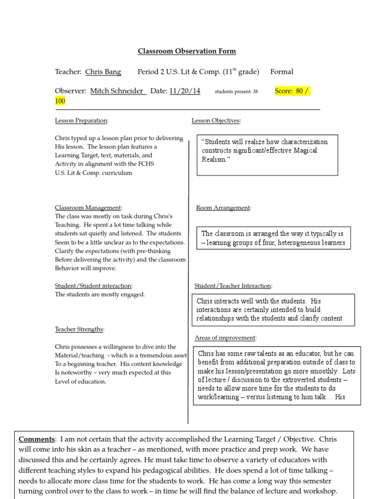 Classroom Observation Feedback for Teacher | PDF